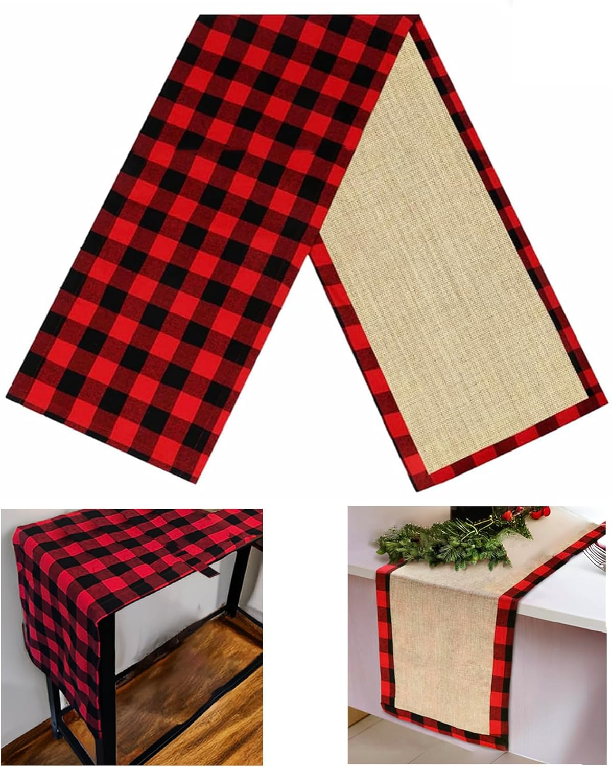 Amazon.com: HDFSP Buffalo Plaid Christmas Table Runner, Reversible Red ...