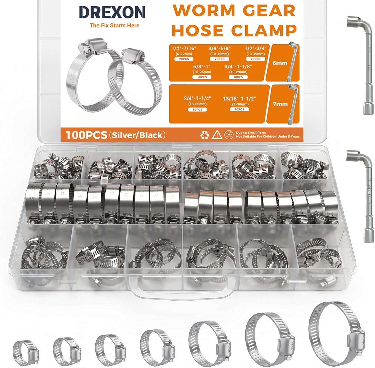 Amazon.com: Hose Clamp Assortment 100PCS Hose Clamp 304 Stainless Steel ...