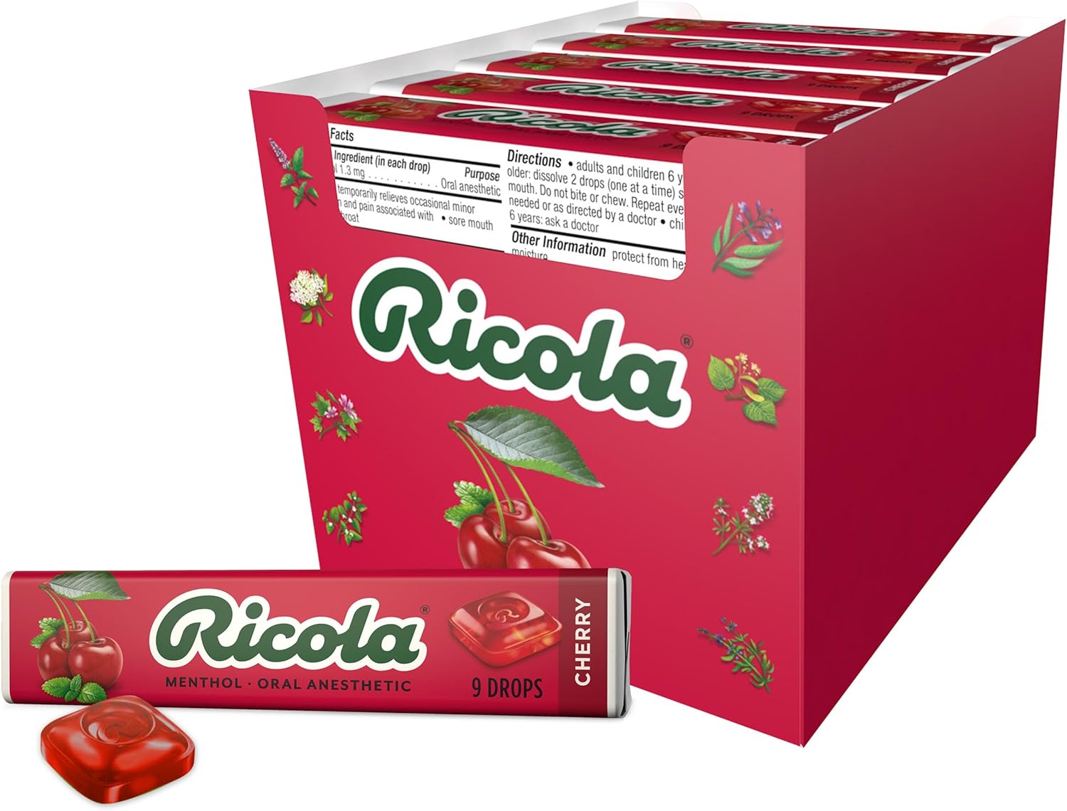 Ricola Cherry Throat Drops, 9 Count Stick (Pack of 20), Daily Drops For Delicious Throat ...