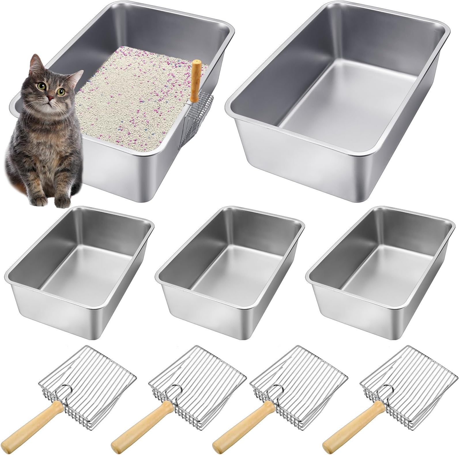 Amazon.com : Zhehao 5 Set Stainless Steel Litter Box for Cat with 5 Cat ...