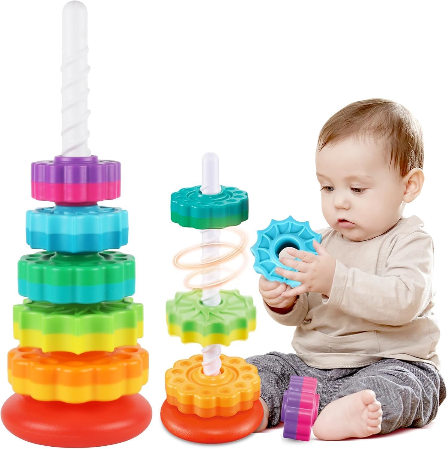 ALTGOU Baby Spinning Stacking Toys for Toddlers 1-3, Rainbow Ring ...