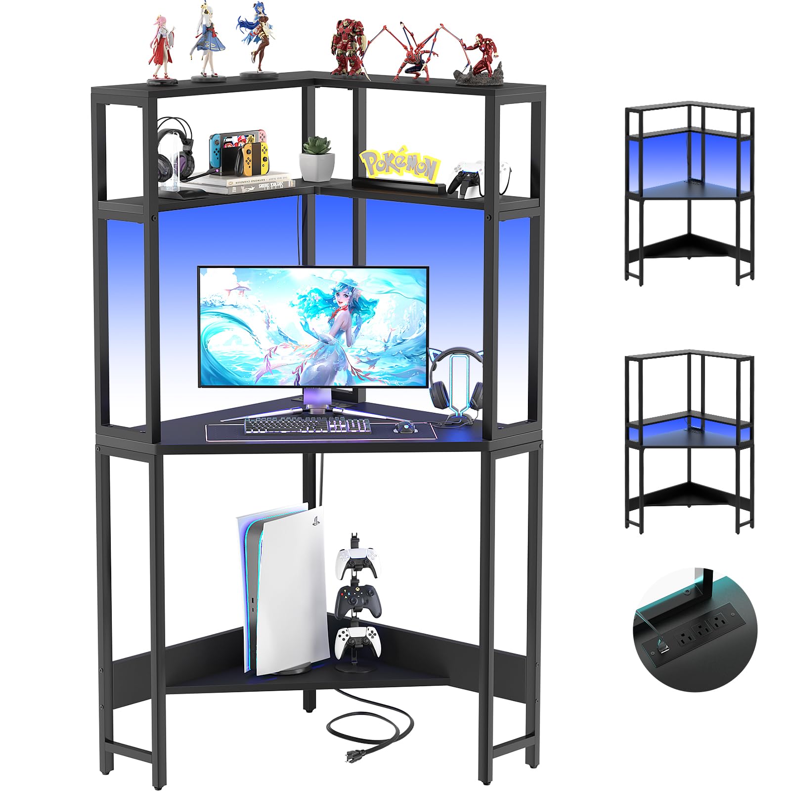 Cyclysio Mini Corner Desk with Hutch, Corner Gaming Desk with LED Light ...