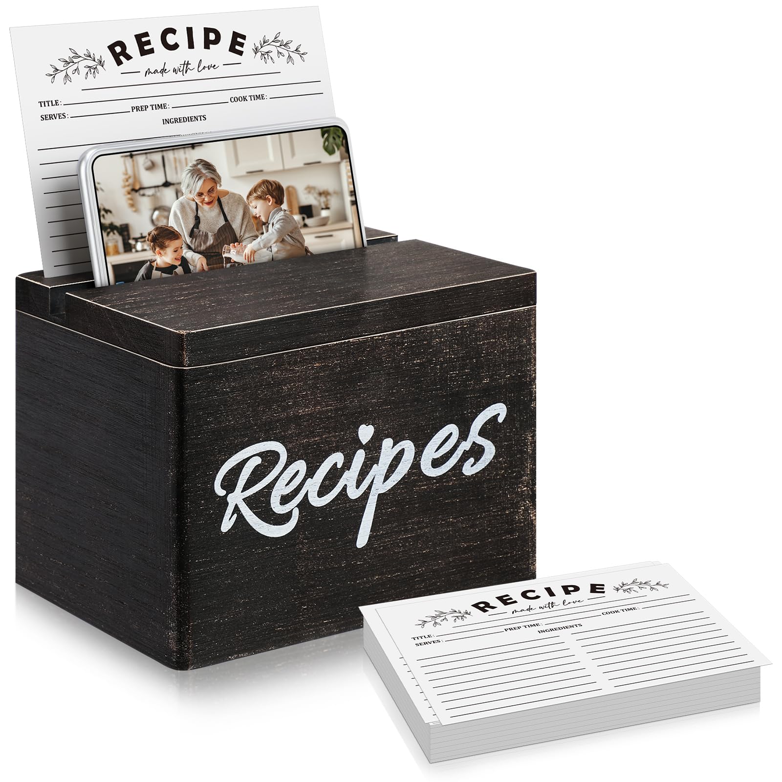 Amazon.com: Hoteam Wooden Recipe Box with Cards and Rustic Wood Recipe ...