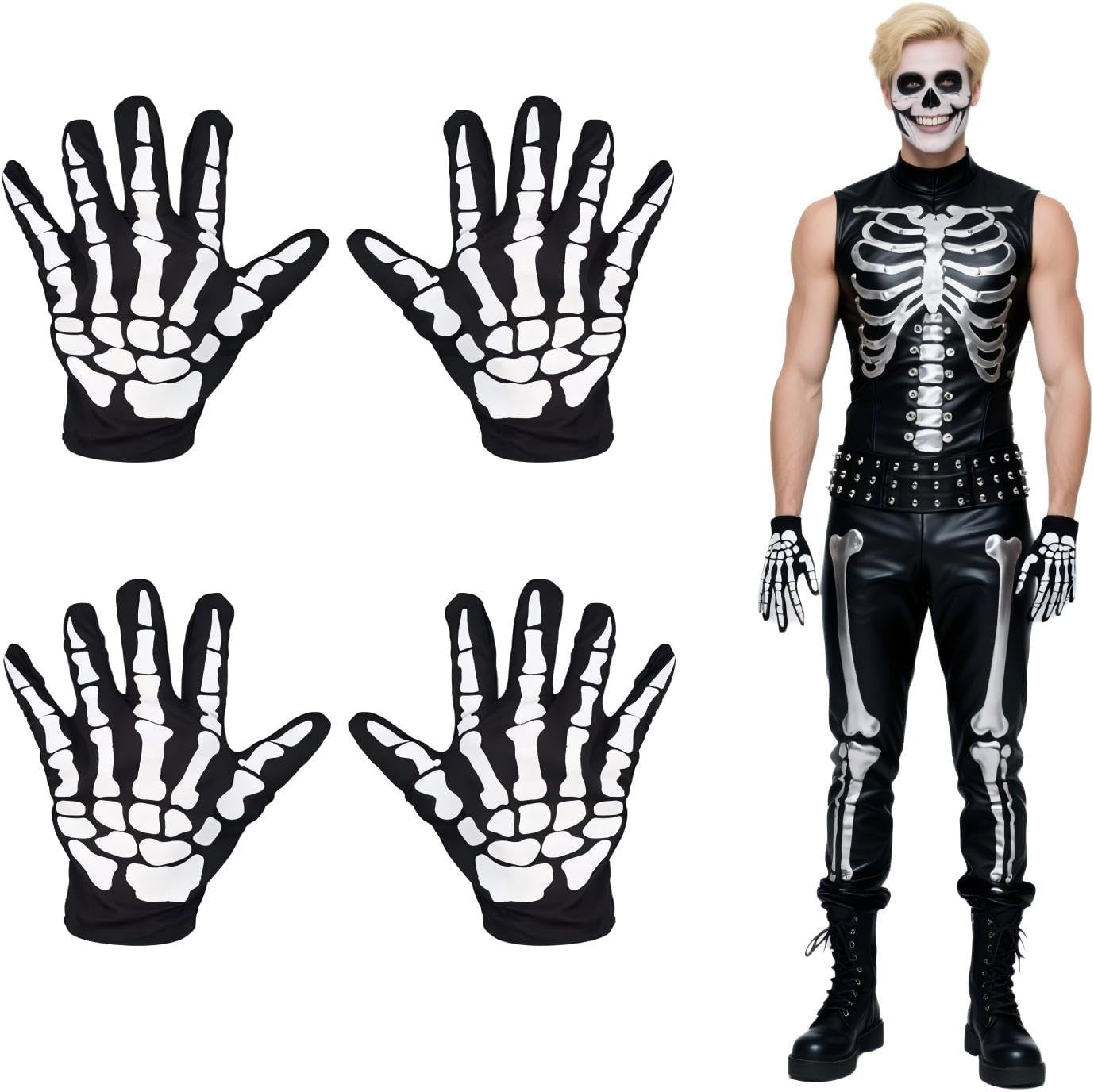 HUSHRICH 2Pairs Halloween Skeleton Gloves Adult Skeleton Full Finger ...