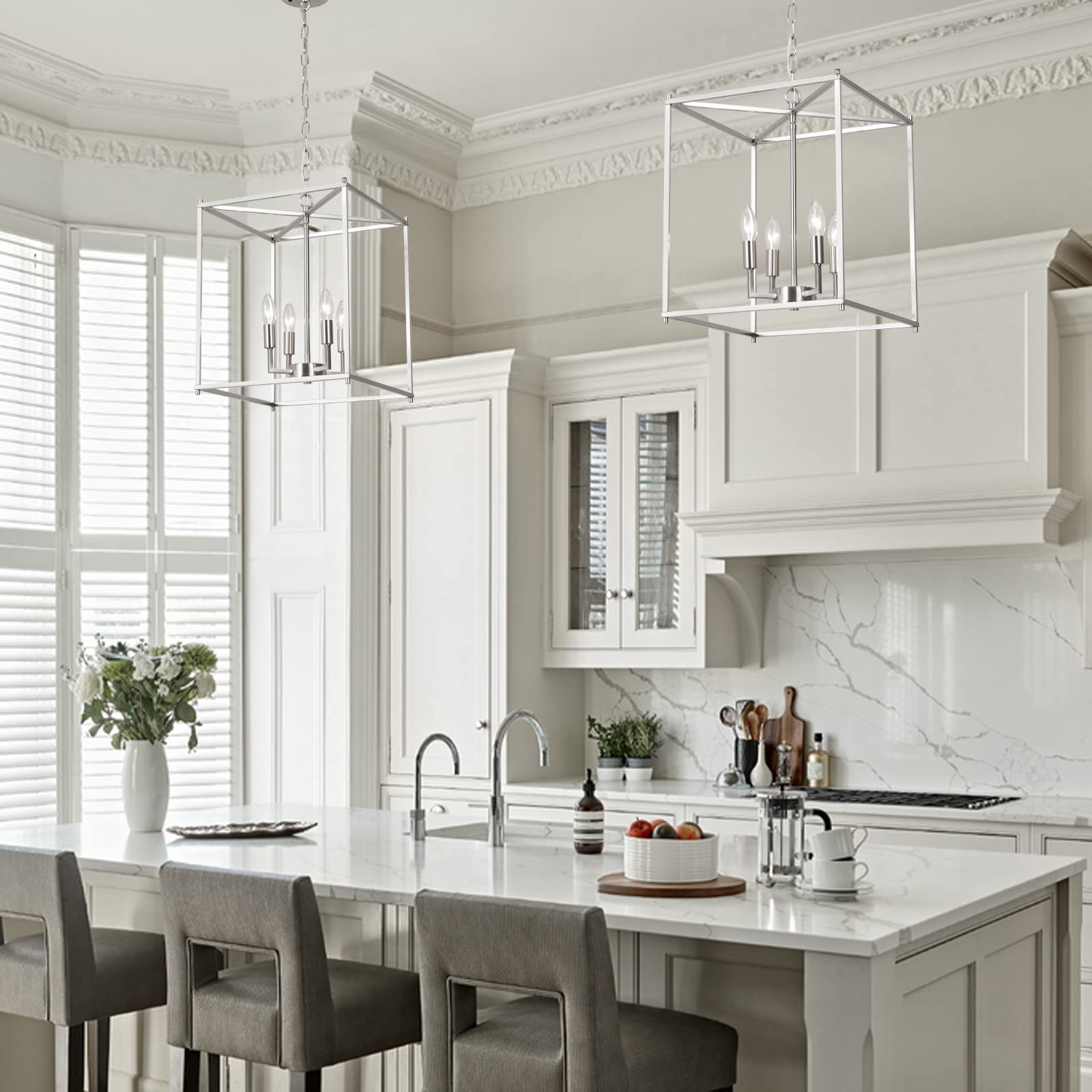 4-Light Lantern Chandelier Light 14" Brushed Nickel Pendant Light ...