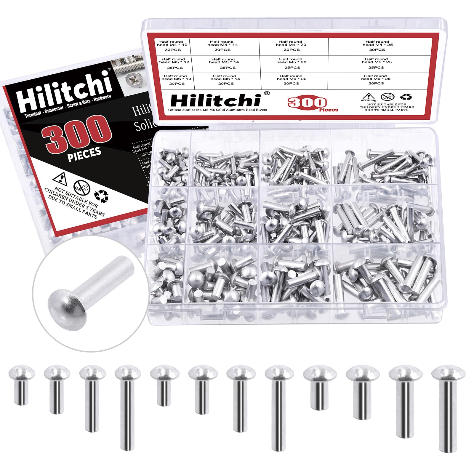 Hilitchi 300Pcs M4 M5 M6 Solid Aluminum Head Rivets with Storage Case ...