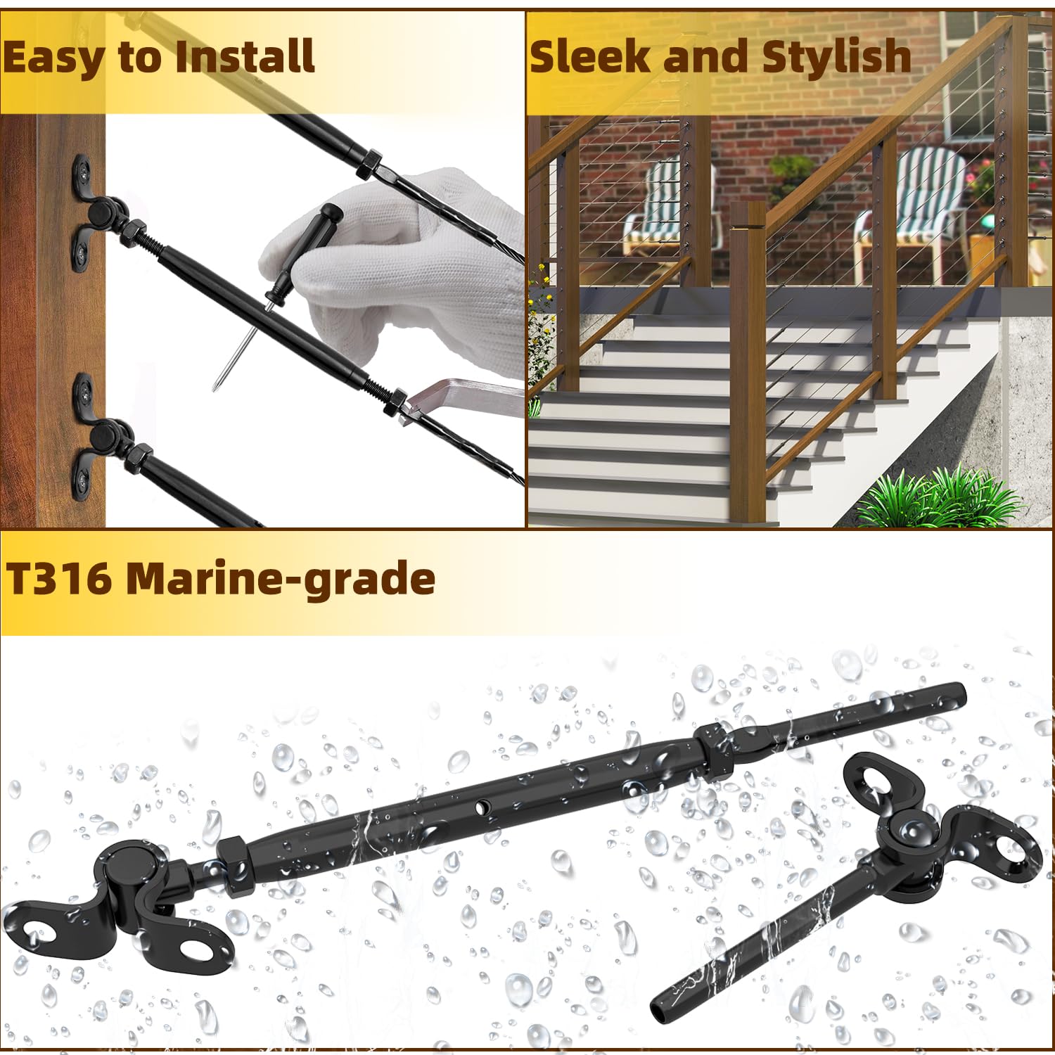 Snapklik.com : Toscoco 1/8" Black Cable Railing Kit 9+1 Pack, T316 ...