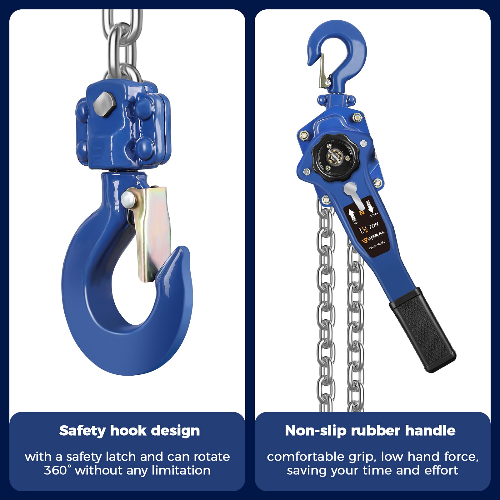 Snapklik.com : ANBULL Lever Chain Hoist, 3300LBS 10FT 1-1/2 Ton 3M ...