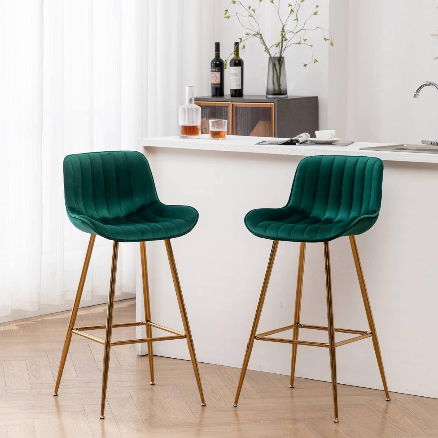 Amazon.com: Whiterye Gold Bar Stools Set of 2, Green Velvet Bar Height ...