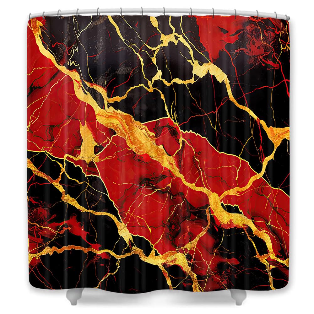 Amazon.com: JAWO Chili red Marble Shower Curtain Cool Gold Crack Red Black Shower Curtain Set ...