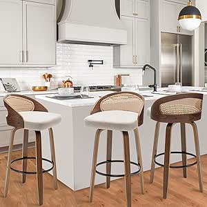 Amazon.com: YOUUGIOR 30" Swivel Rattan Bar Stools Set of 3,Mid-Century Modern Beige Linen Fabric ...