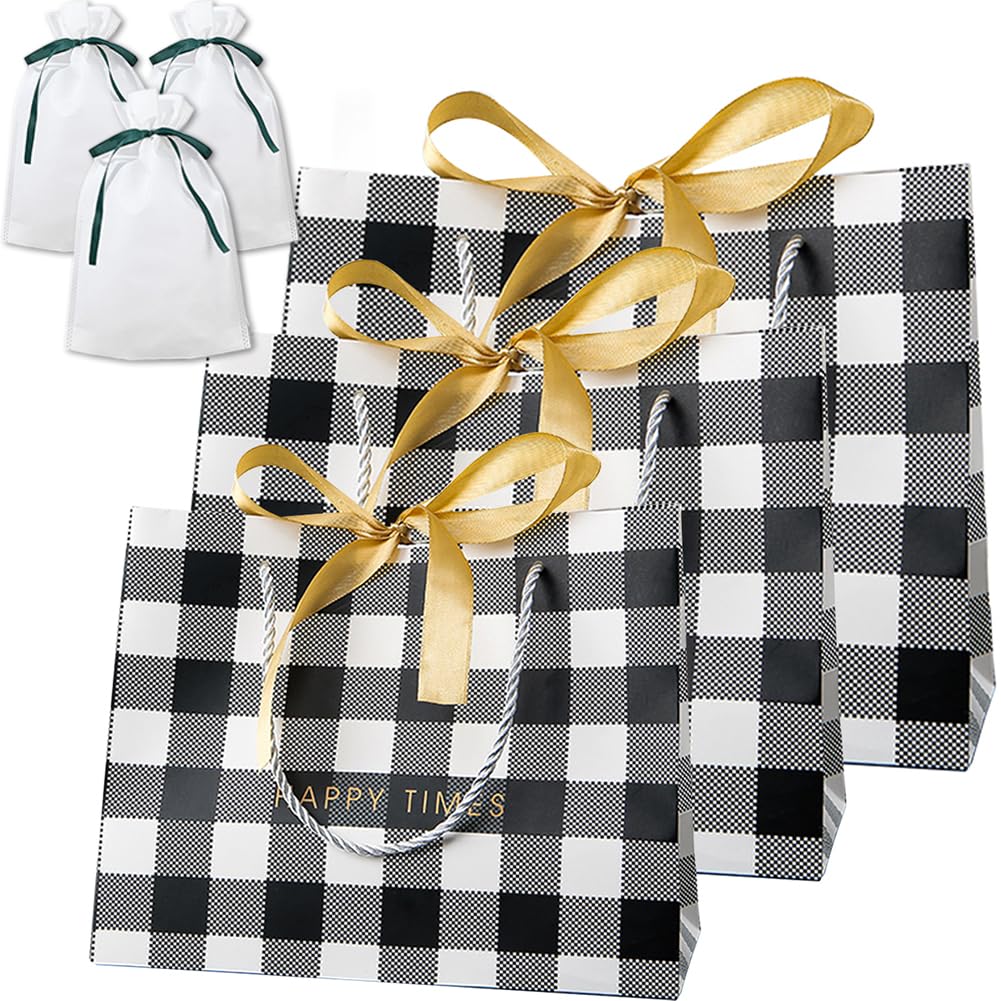 Amazon | REDICE ラッピング 袋 紙袋 手提げ袋 ギフトバッグ リボン付き チェック柄 巾着袋3枚付き 厚手 ギフト包装 ...