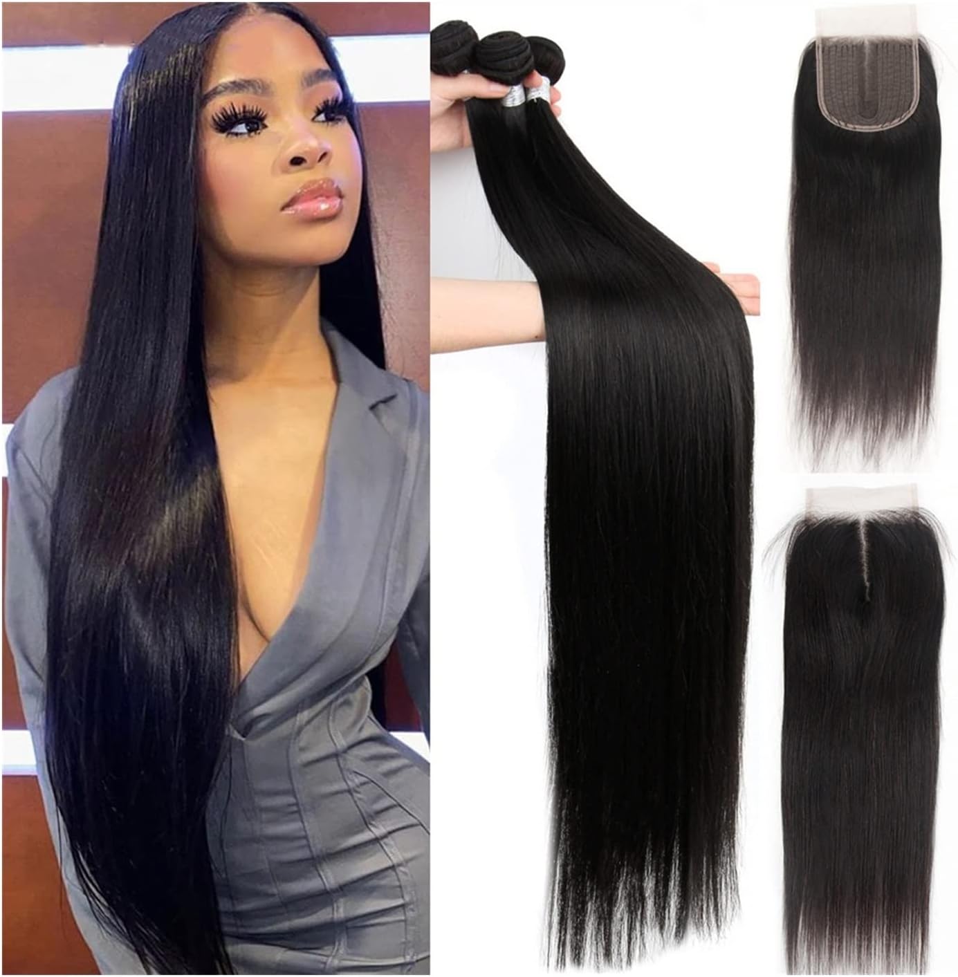 Amazon.com: Saturey Hair Bundles Long Straight Bundles with Closure ...