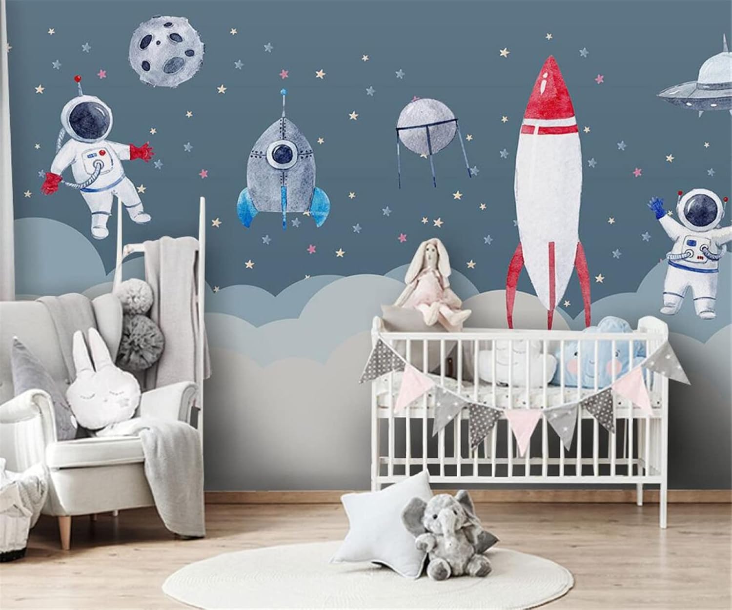 Mural De Pared De Astronauta De Dibujos Animados De Cohete Espacial