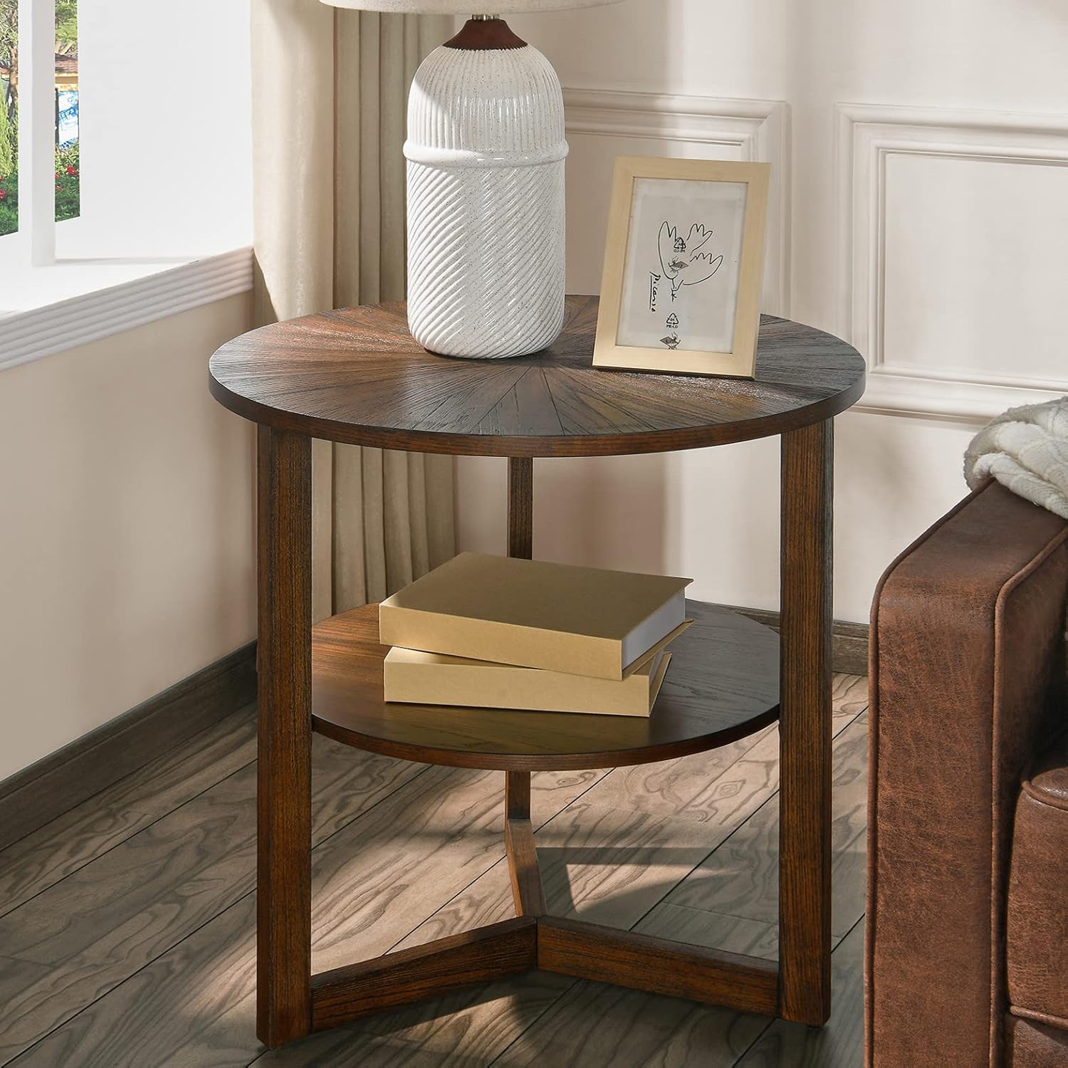 Amazon.com: Large Round End Table with Storage Shelf, 25.2" Dia Rustic ...