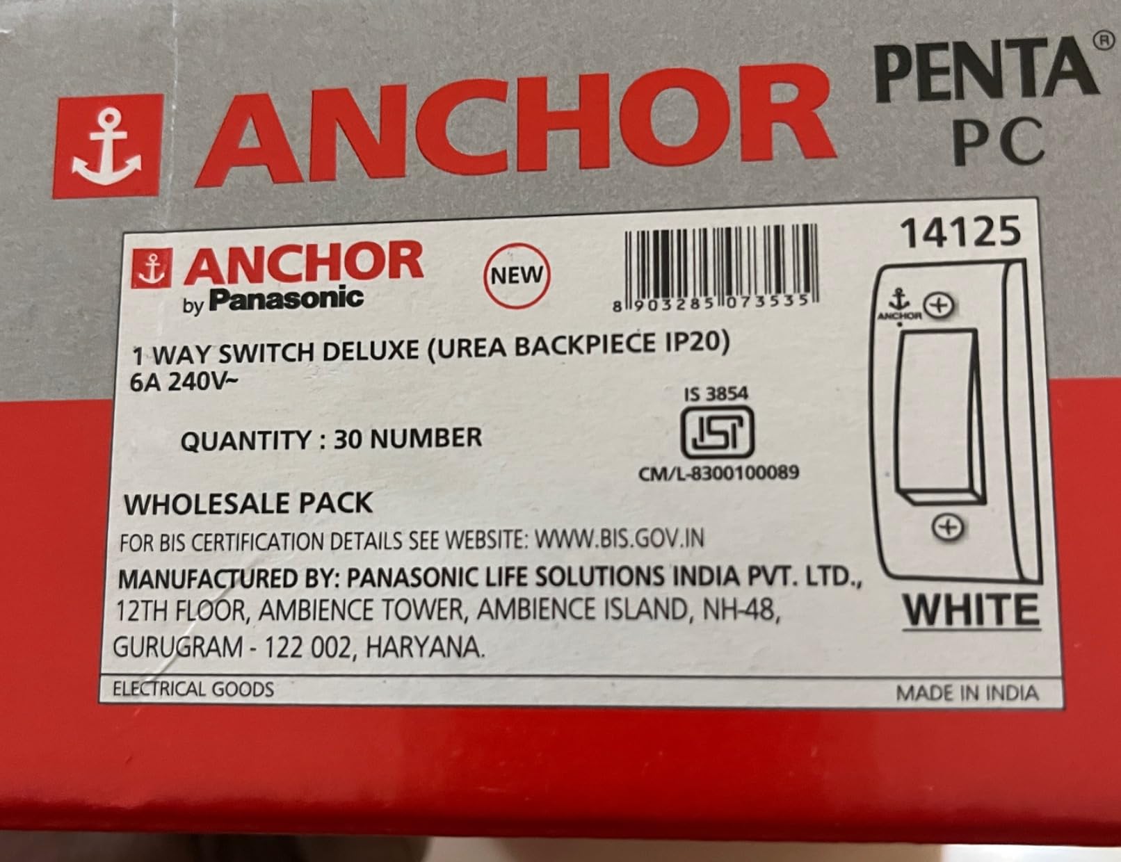 Anchor 6A 1 Way Polycarbonate Switch