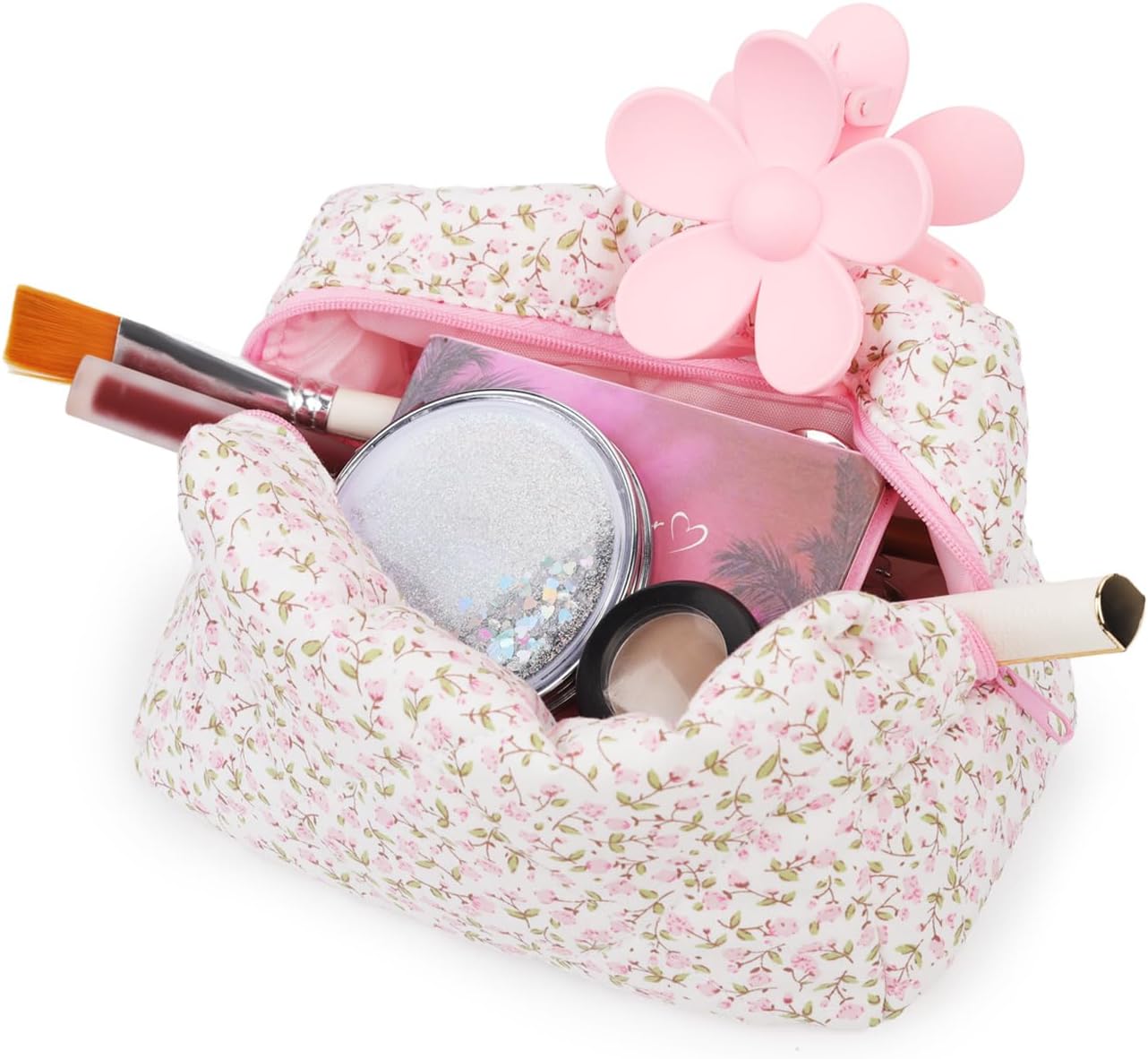 Floral Makeup Bag, Large Cosmetic Bag Floral Quilted Makeup Bag Cute ...