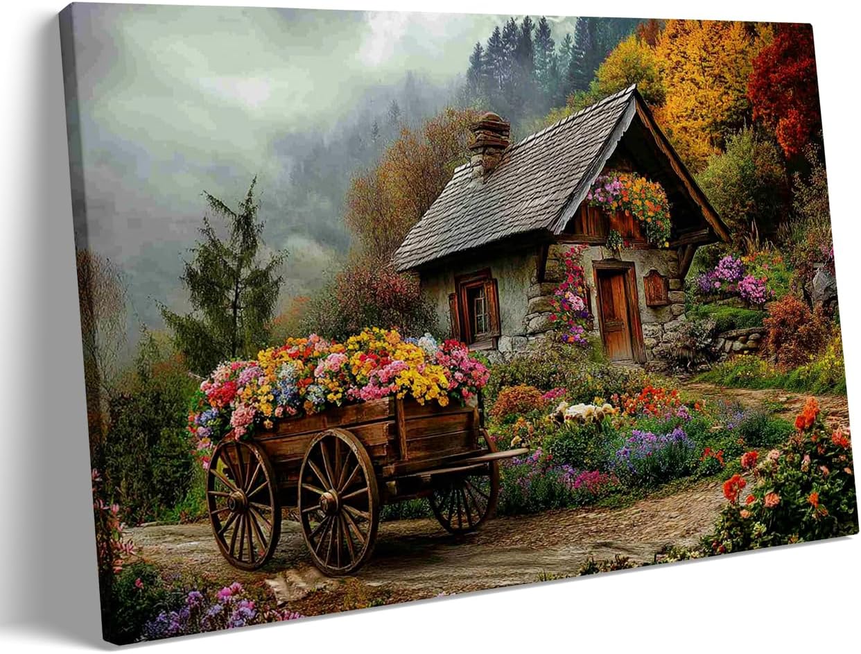 Amazon.com: Spring Countryside Print Wall Art Mountain Cottage with ...