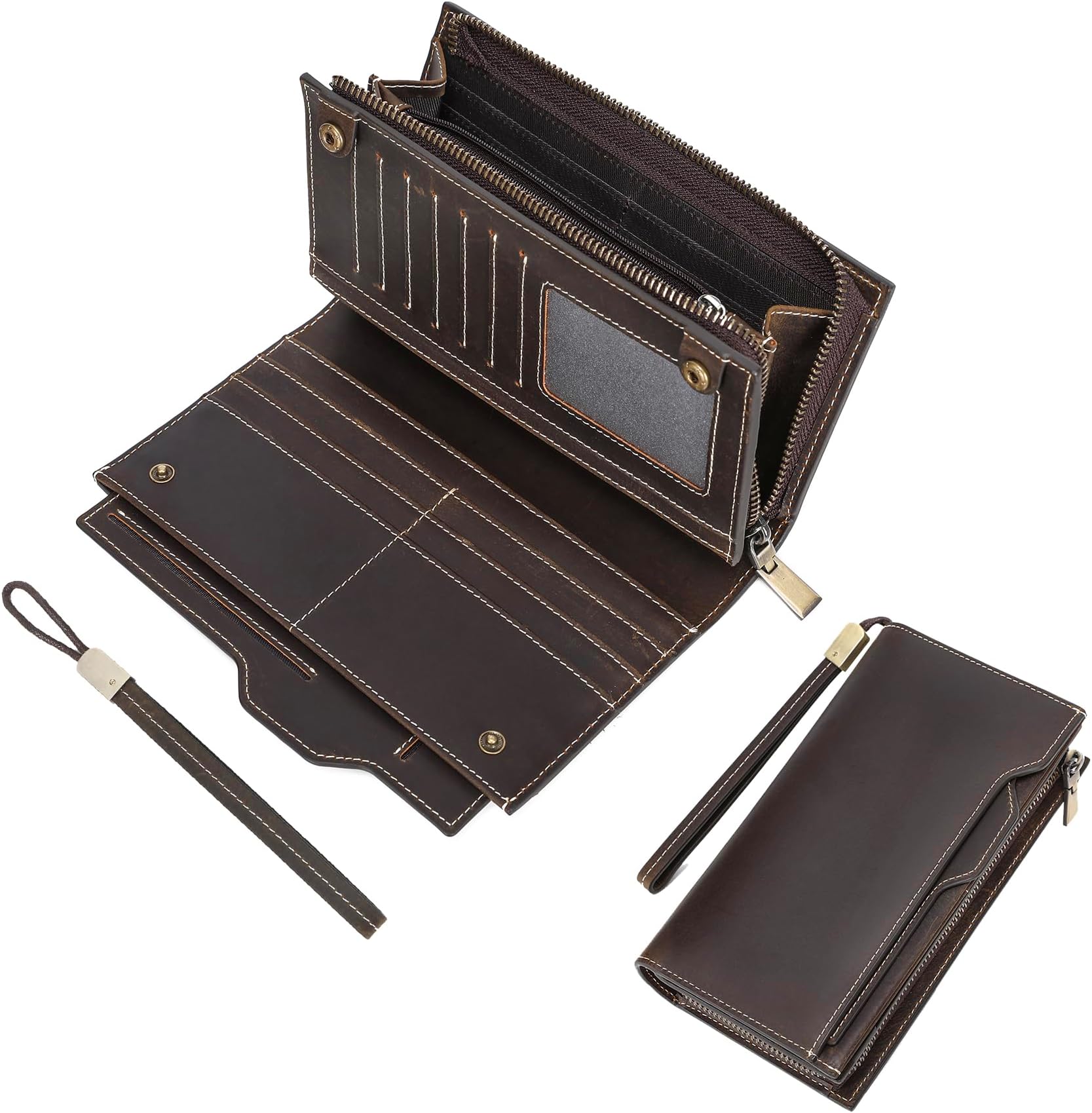 Amazon.com: Hespary Full Grain Leather Long Bifold RFID Blocking Wallet ...