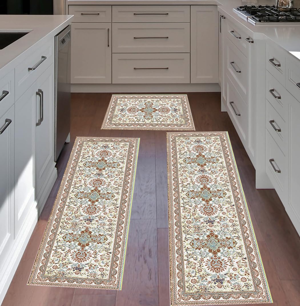 Boho Kitchen Rugs Sets of 3 Thin Low Pile Persian Decor Rugs Bohemian ...