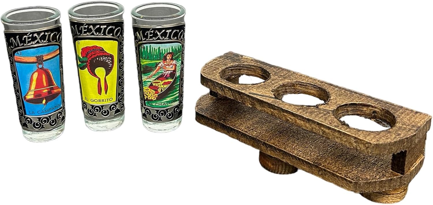 Amazon.com | Mis Jarritos 3 Bingo Shot Glass with Wood Base, 3 ...