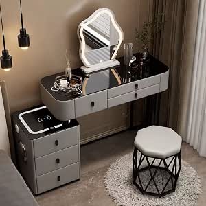 Beige Vanity Desk with Touch Led Mirror 3 Color Lighting Modes Makeup ...