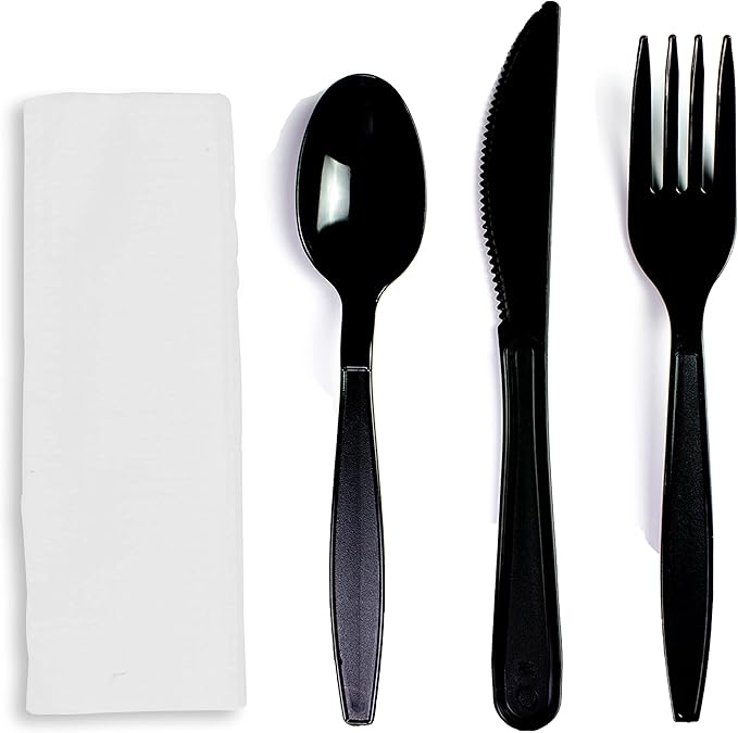 HYFY 50 PCS Black Plastic Cutlery Set Spoons Knives Forks Napkins Set ...