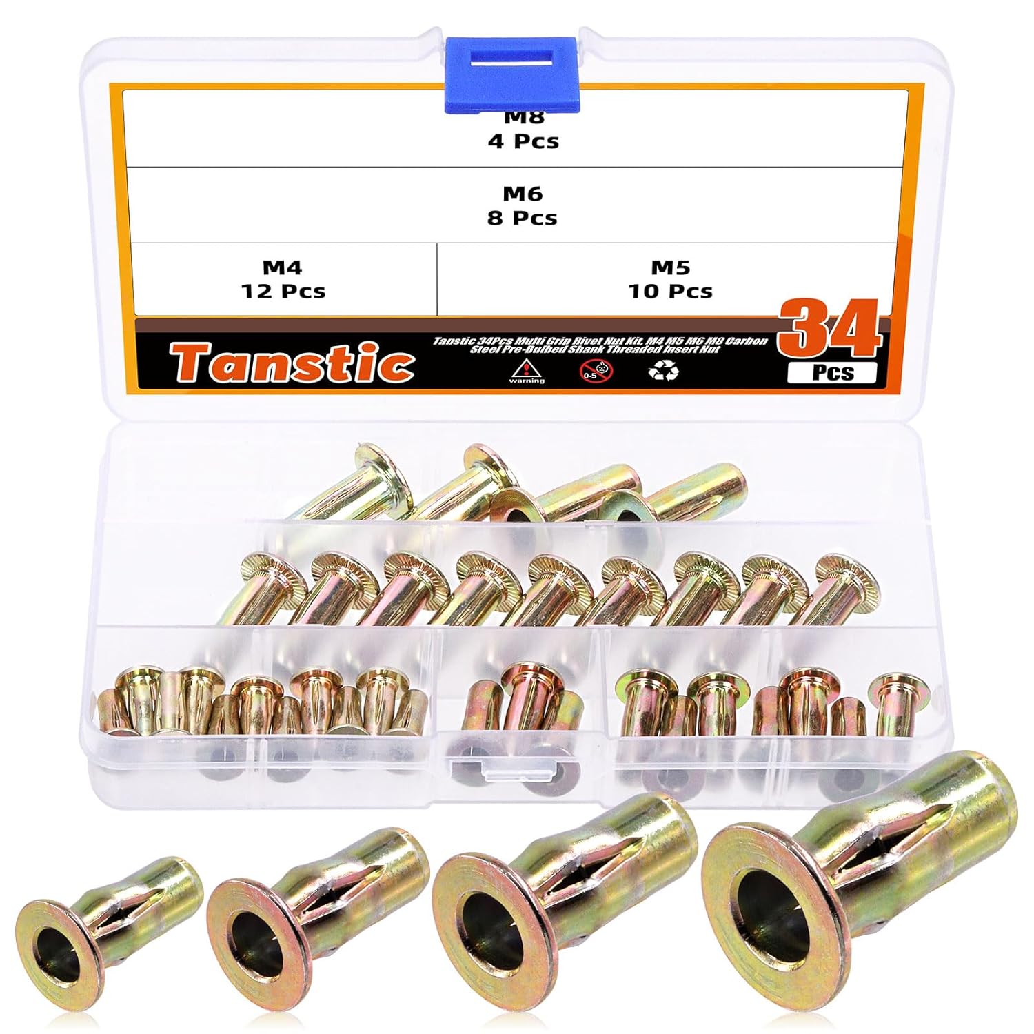 Tanstic 34Pcs Multi-Grip Rivet Nut Kit with Storage Case, M4 M5 M6 M8 ...