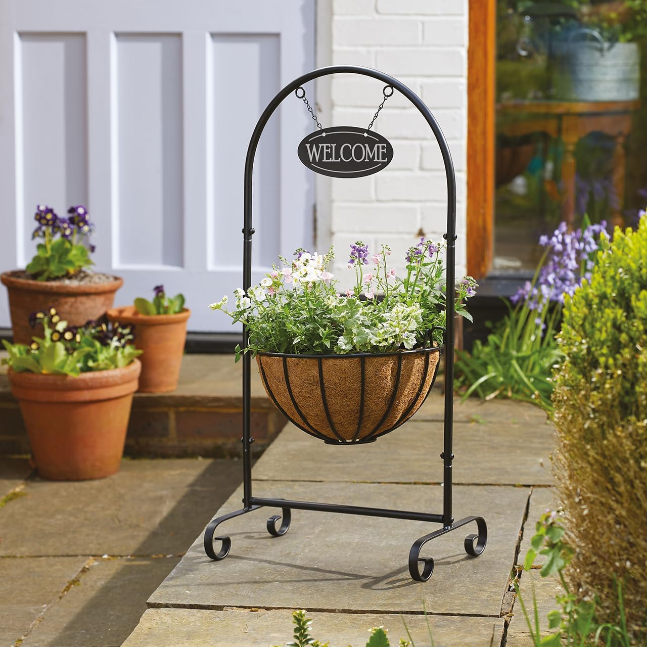 Classic Welcome Planter with Steel Frame, Hanging Sign, 30cm Basket ...