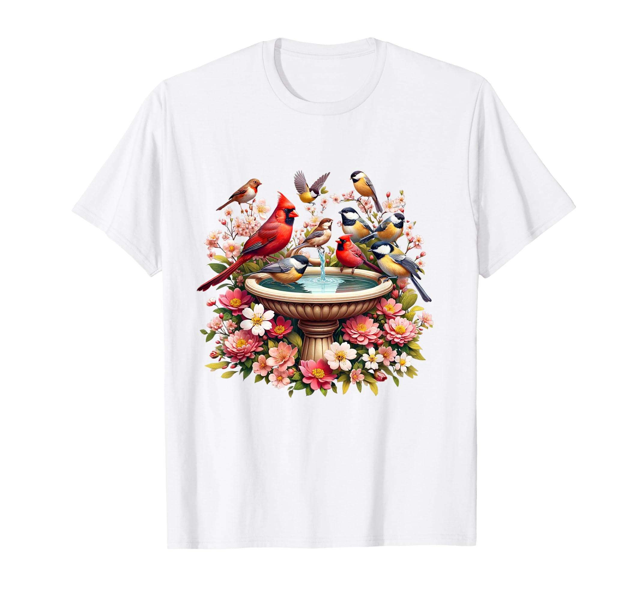 Amazon.com: Cardinal & Chickadee Birds Spring Flowers T-Shirt ...
