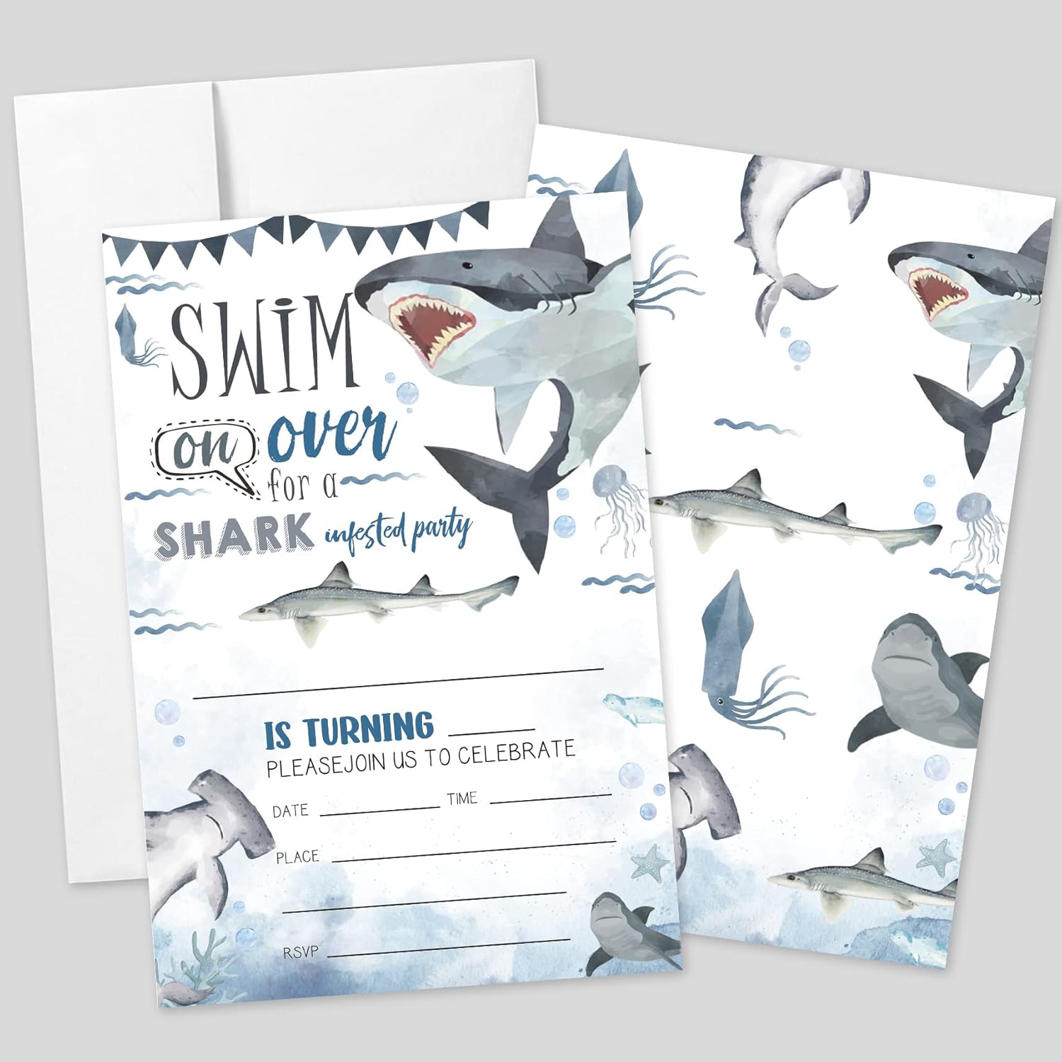 Amazon.com : AEHIE 20 Sets Shark Birthday Invitations With Envelopes ...