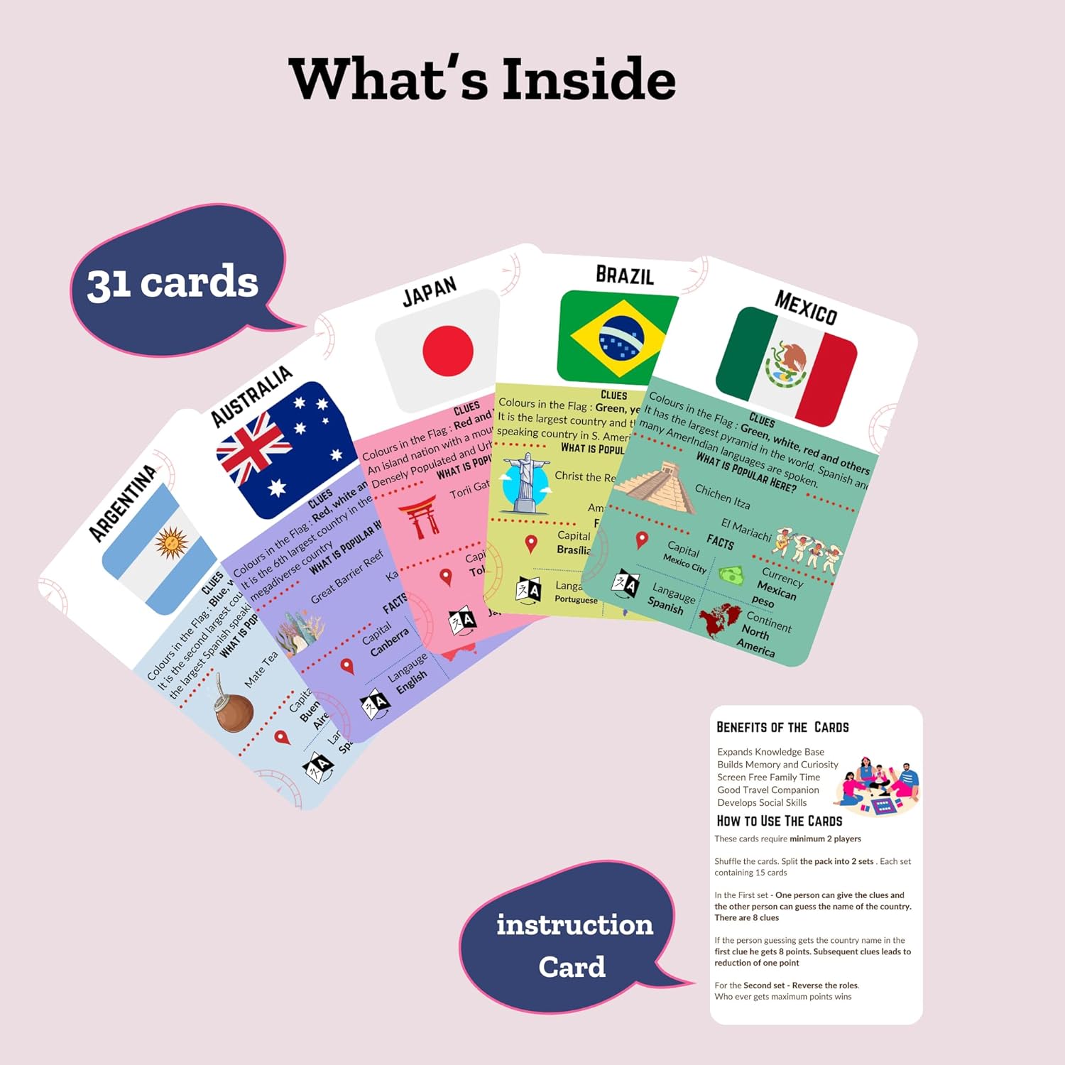 EKDALI World Flags Flashcards - 30 Country Flags, Capitals, Language, Monuments and Continents ...