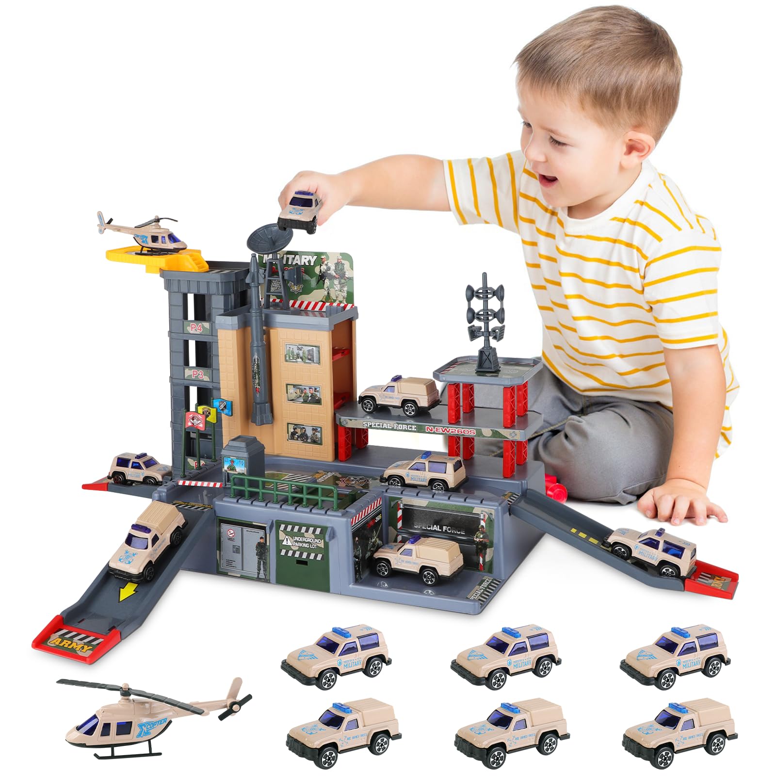 deAO Toy Garage, Car Garage, 6 Toy Cars, 1 Helicopter, 2 Story Car ...