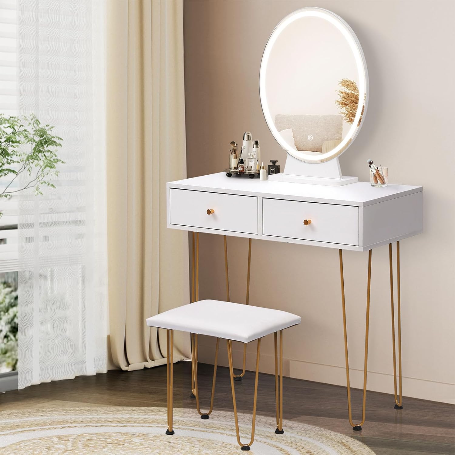 LEVEDE Small Makeup Vanity Desk with Round Mirror and LED Lights,White ...