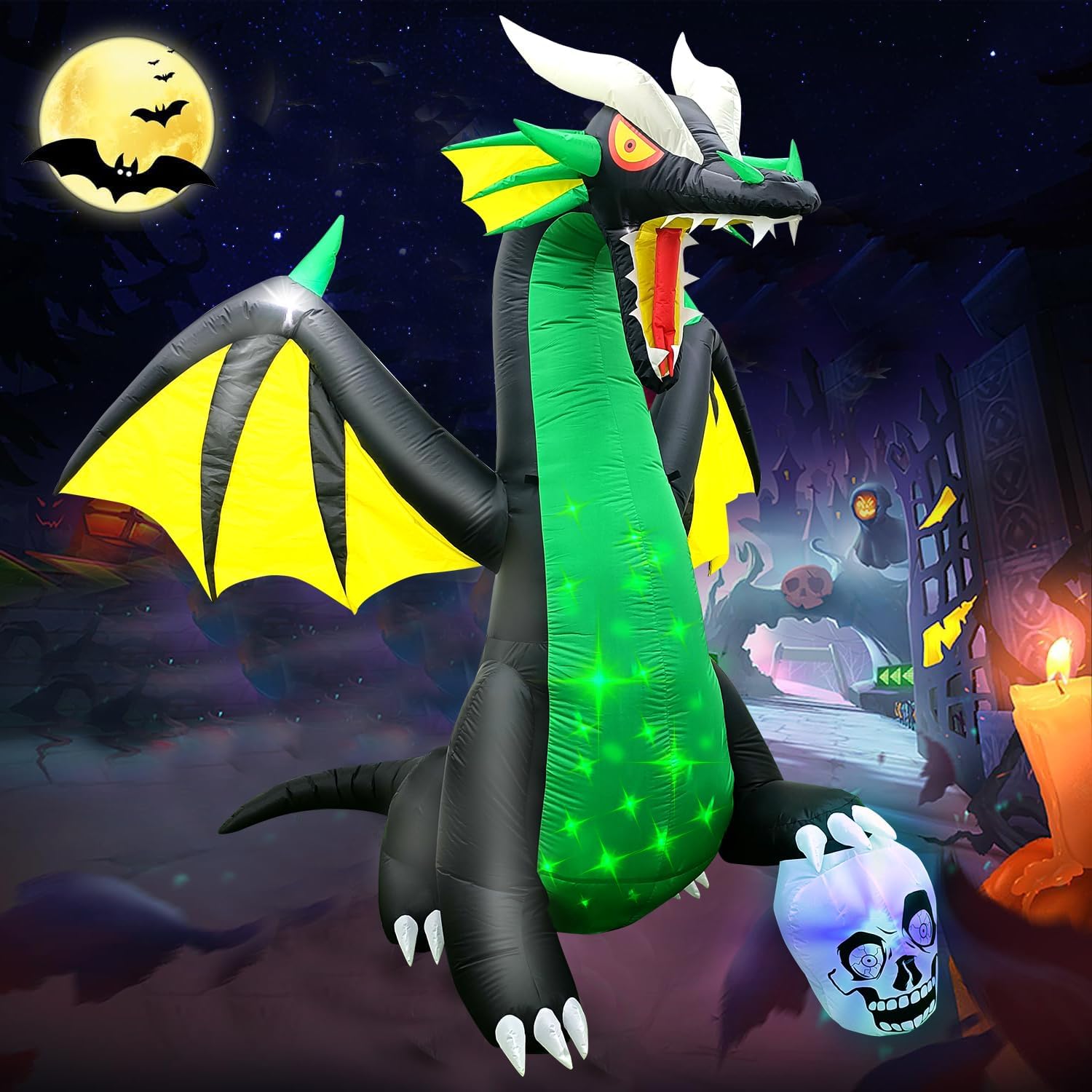 Pevonano 8FT Halloween Inflatables Dragon with Wings,Giant Fire Evil ...