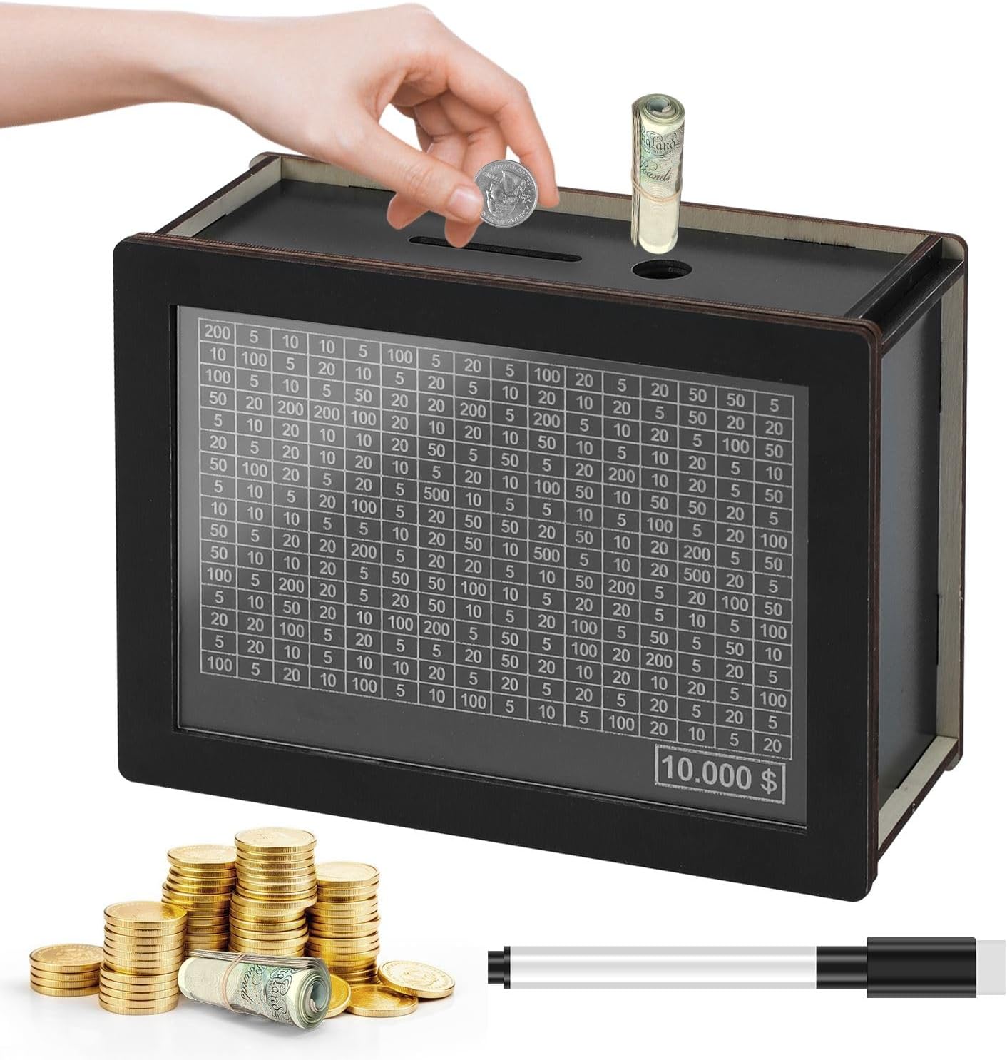 10000 Savings Challenge Box, Kakeibo Money Box for Cash Saving, Wooden ...