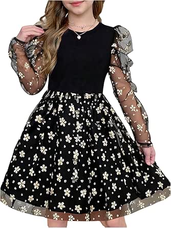 Amazon.com: RoseSeek Girls' Floral A Line Dress Sheer Mesh Puff Sleeve ...