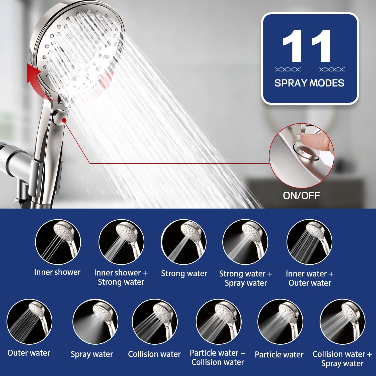 Snapklik.com : High Pressure Handheld Shower Head 11 Spray Settings, 4. ...
