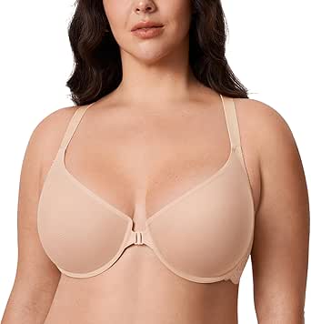 DELIMIRA Women's Front Closure Racerback Bra Sheer Mesh Plus Size Full Coverage Underwire ...