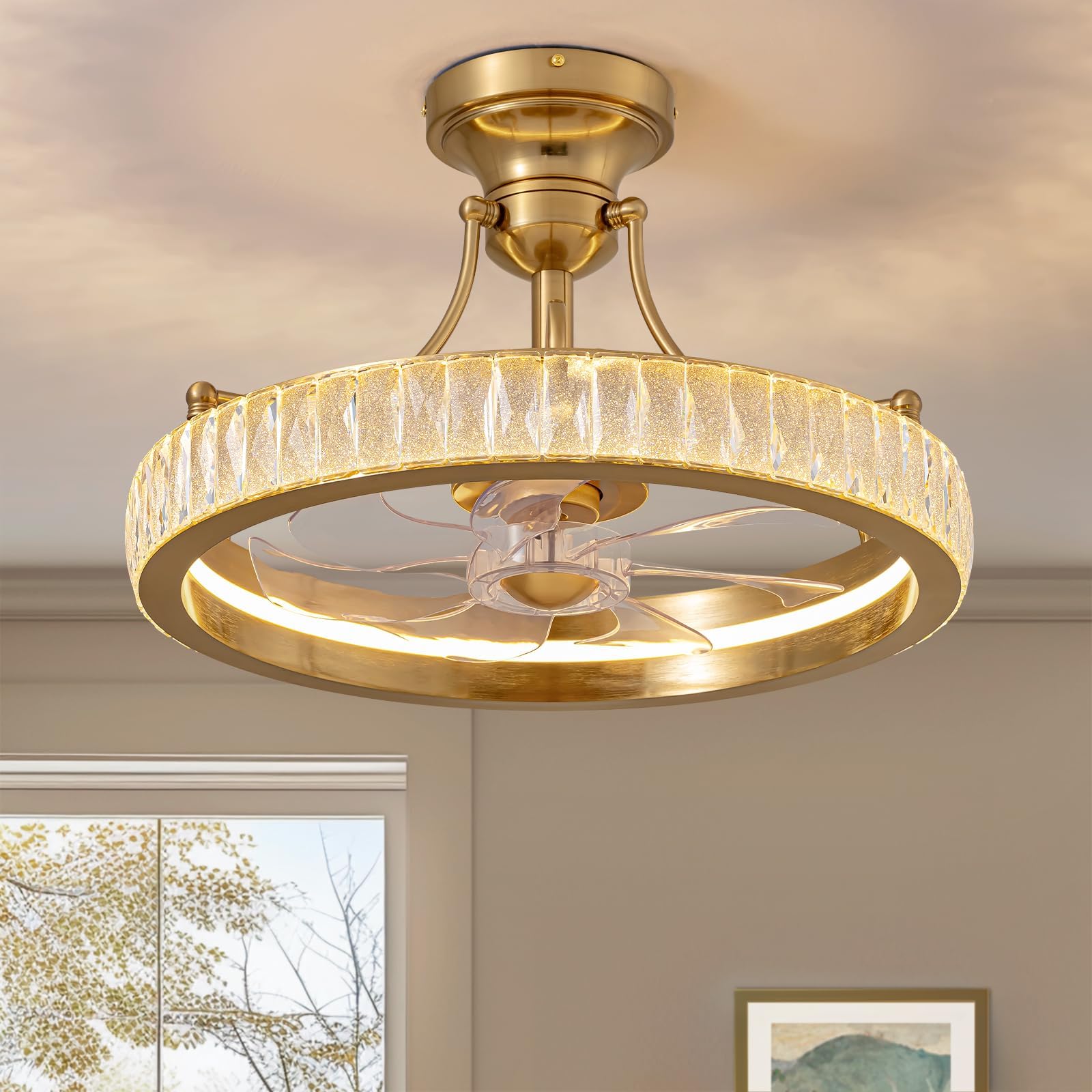CROSSIO 20 inch Crystal Chandelier Gold Ceiling Fan with Light ...
