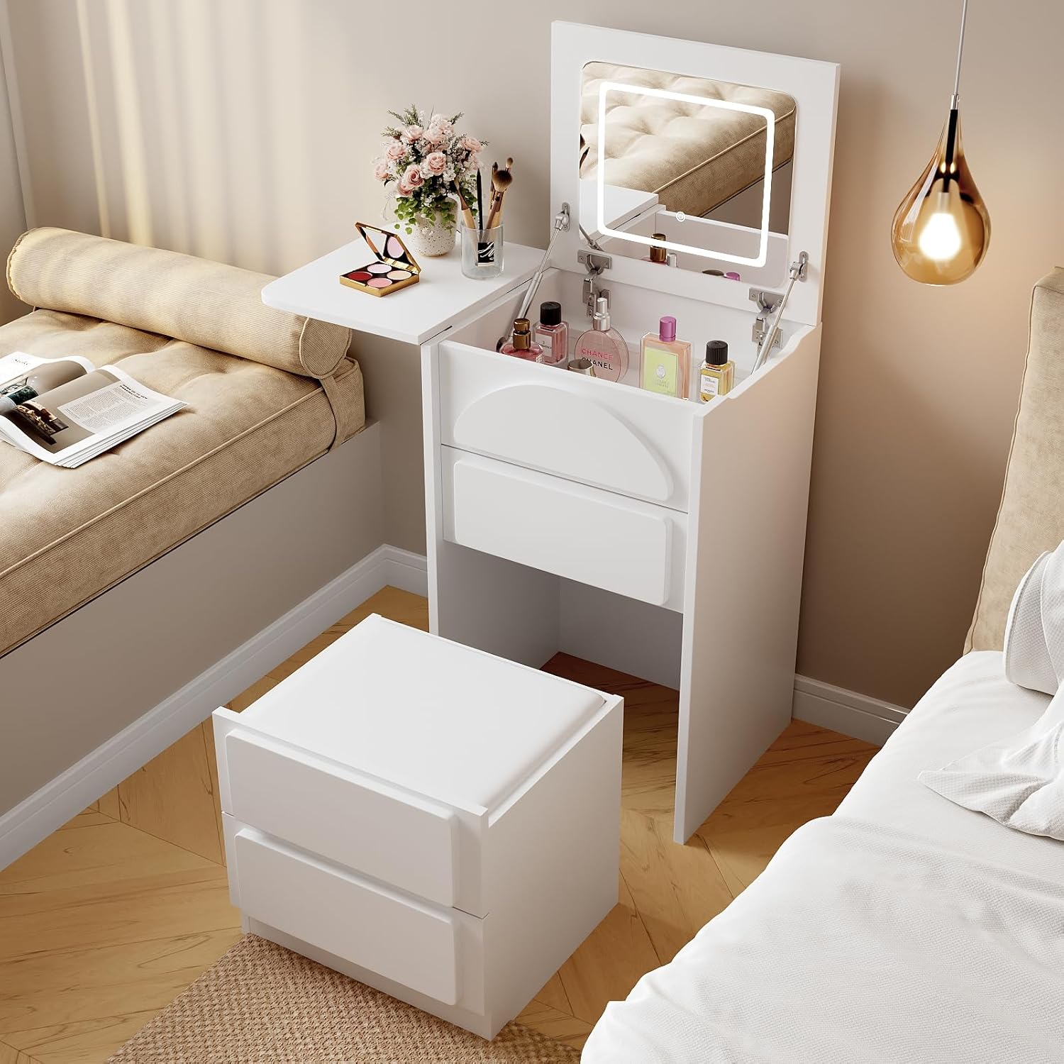 Amazon.com: saows Small Vanity Desk with Mirror & Lights, Flip-Top ...