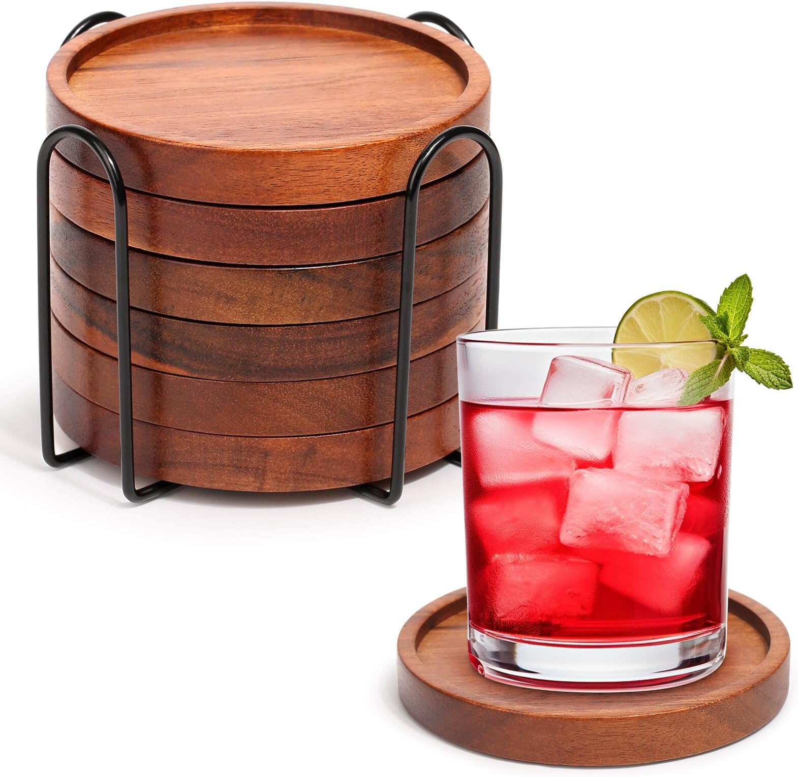 Amazon.com: Acacia Wood Drink Coasters with Holder, Two Sets of 8 ...