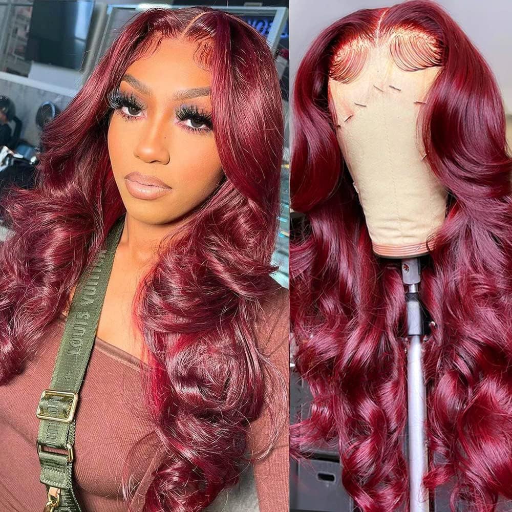 Amazon.com : SLHUSE 99J Burgundy Lace Front Wig Human Hair 13X4 Body ...