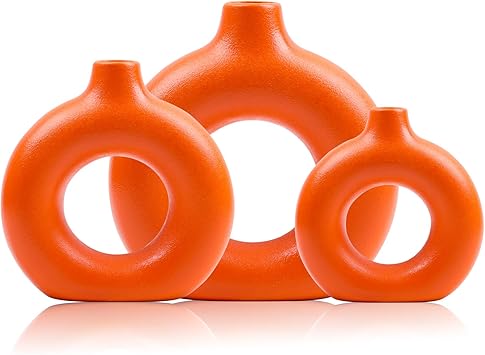Amazon.com: Matte Orange Ceramic Vase Set 3 - Donut Circle Hollow Vase ...