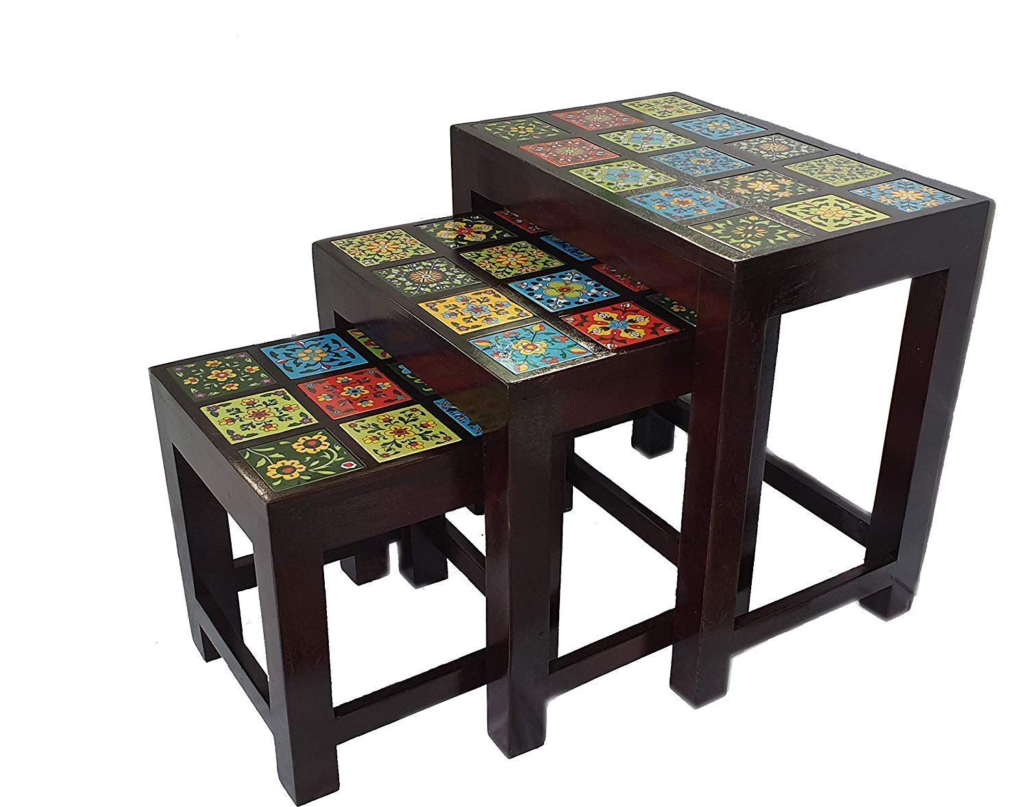 Indian Wood Art Wood & Ceramic Tile Nested Table/Nesting Stool Set of 3 ...