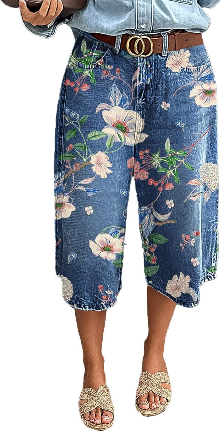 Flamingals Capri Jeans for Women Trendy Mid Rise Floral Print Wide Leg ...
