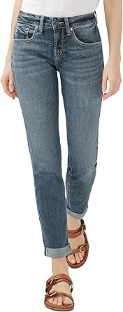 Silver Jeans Co. Women's Boyfriend Mid Rise Slim Leg Jeans, Dark Wash ...
