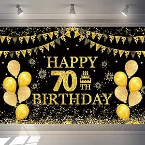 Amazon.com : 70th Birthday Backdrop - Gold Black 59 x 39in Happy ...