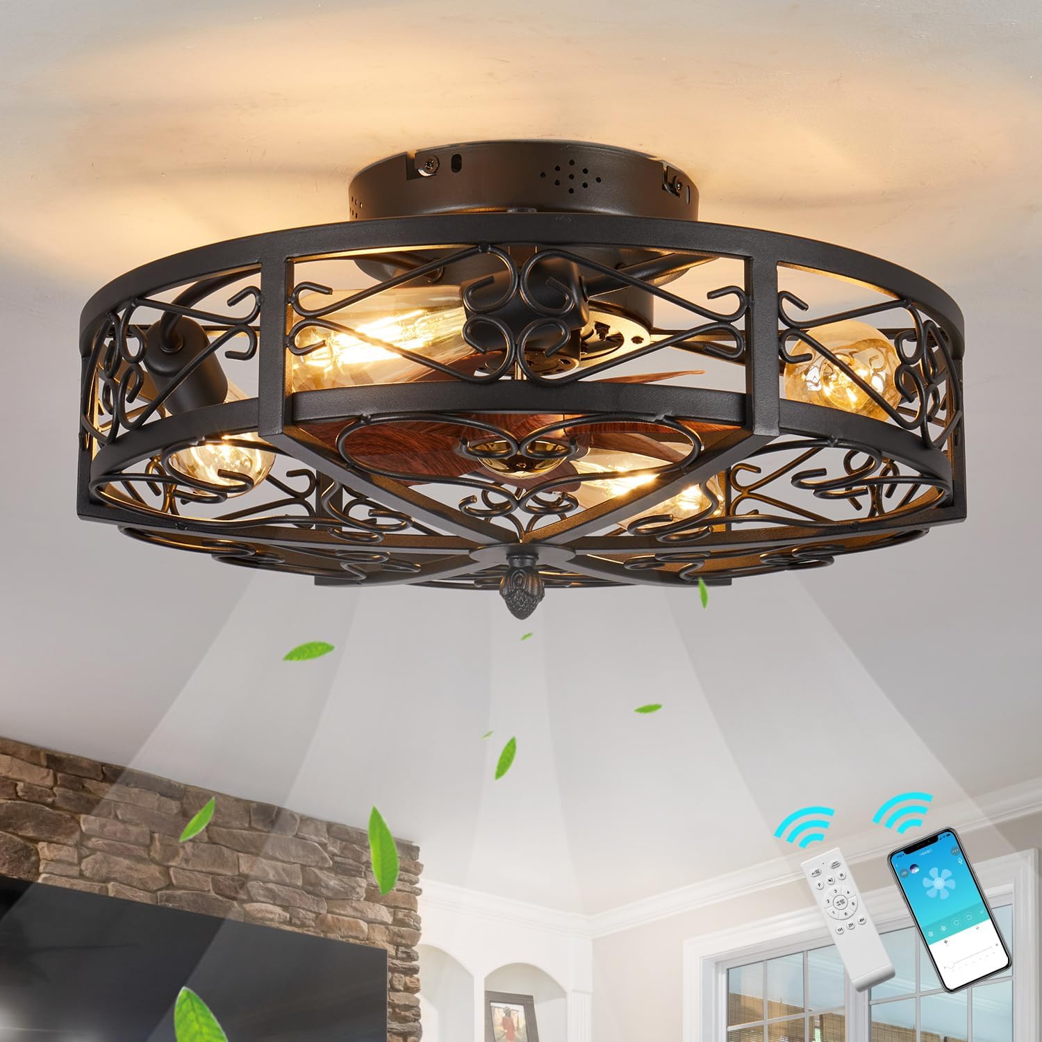 Amazon.com: WWM 20'' Flush Mount Caged Ceiling Fan with Light, Include ...