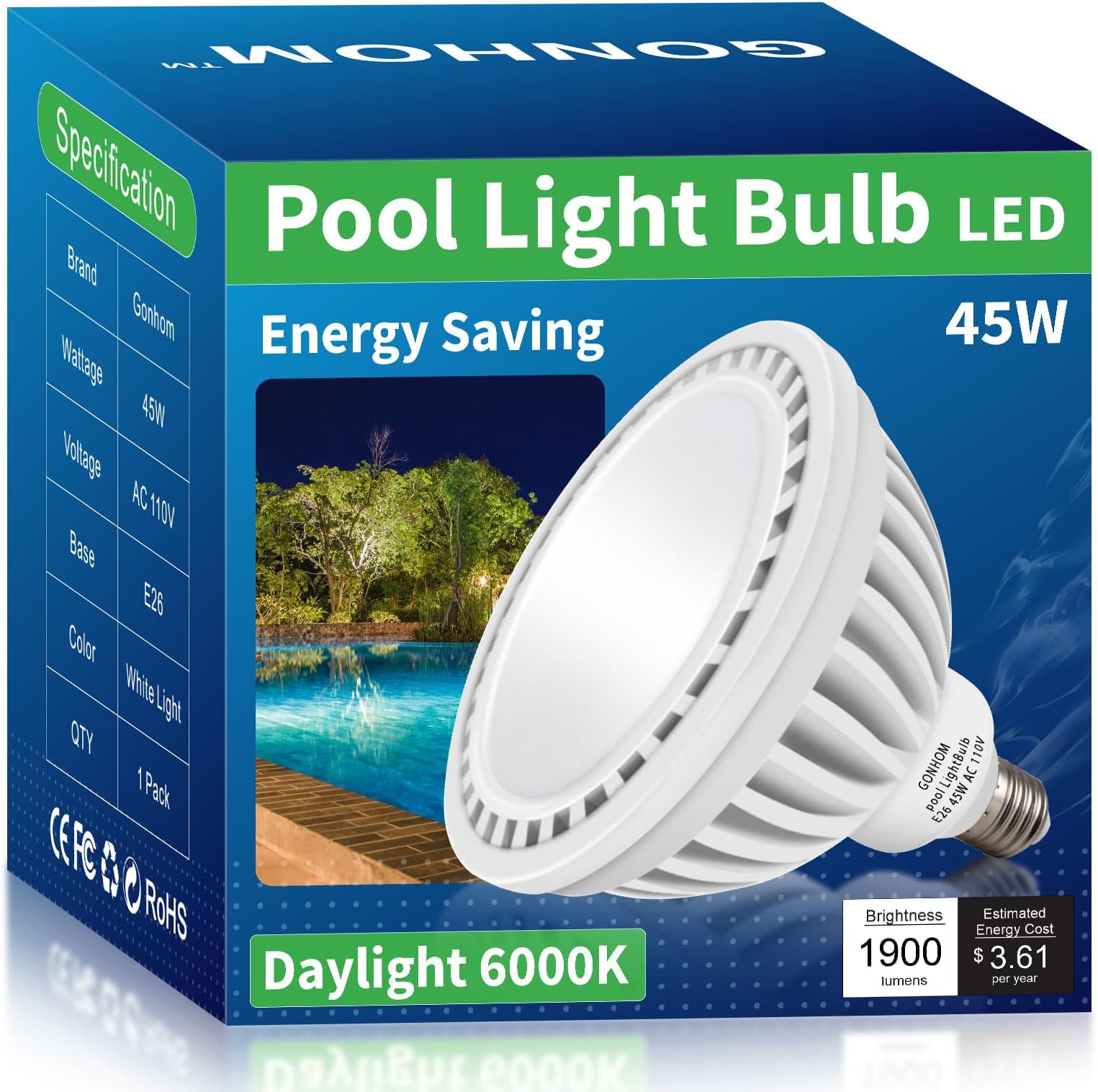 Amazon.com: Gonhom LED Pool Light Bulb,E26 Base 120V Daylight White ...